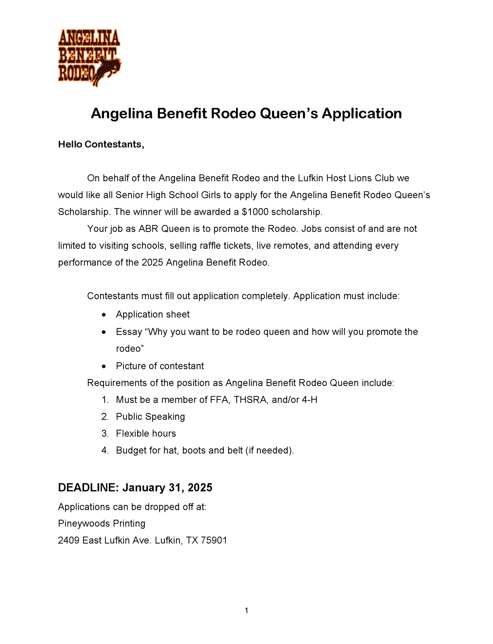 Rodeo Queen Application 2025 – Angelina Benefit Rodeo